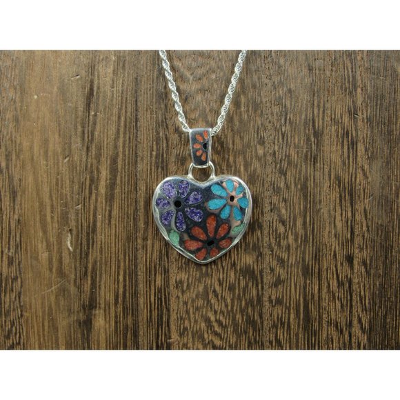 Jewelry | 18 Sterling Silver Multiple Inlay Flower Heart Necklace ...